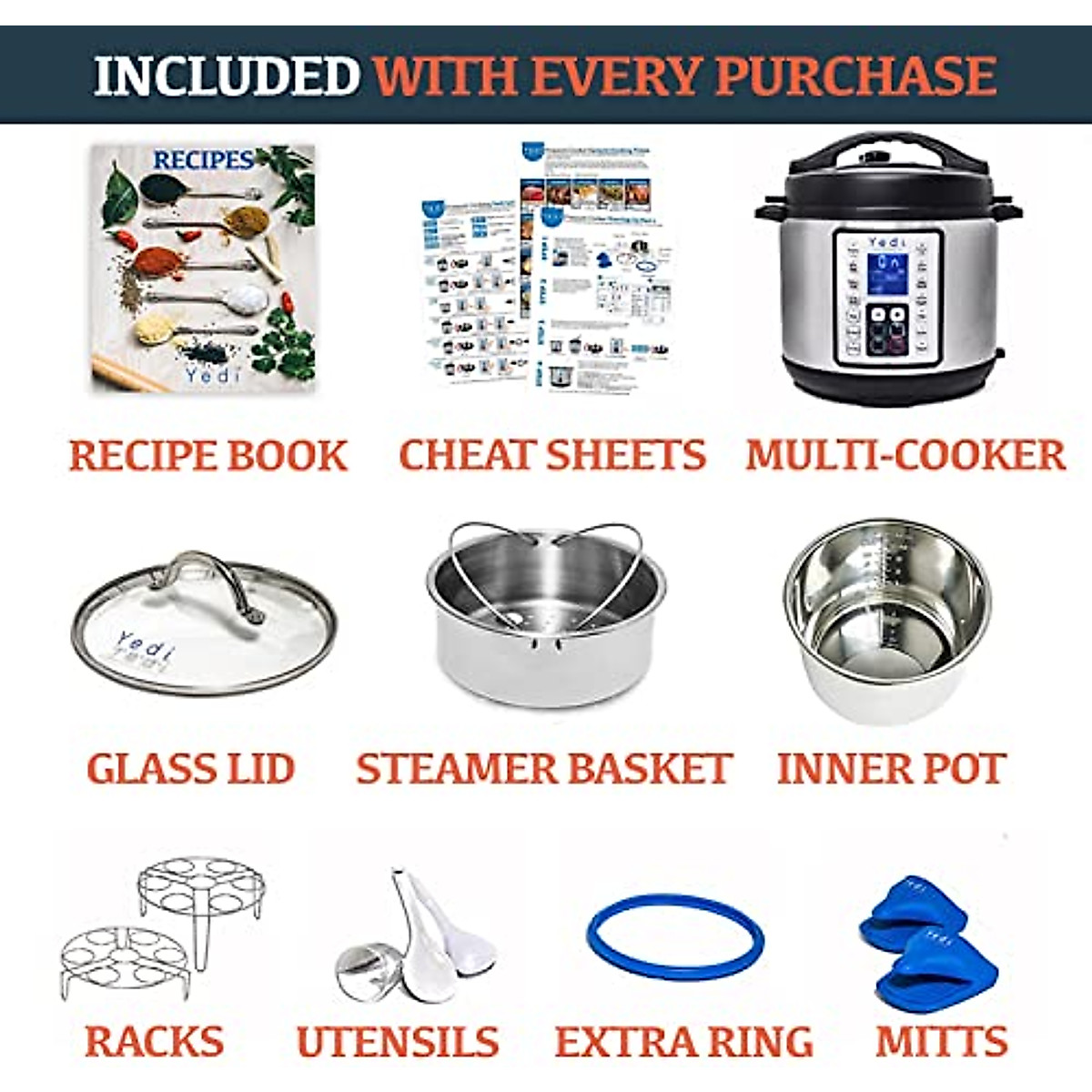 Yedi 9-in-1 Total Package Instant Programmable Pressure Cooker, 6 Quart, Deluxe Accessory kit, Recipes, Pressure Cook, Slow Cook, Rice Cooker, Yogurt Maker, Egg Cook, Sauté, Steamer, Stainless Steel