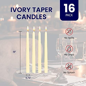 Exquizite Ivory Taper Candles - 16 Pack Unscented Dripless Taper Candles 10 inch x 3/4 inch - Perfect Tapered Candles for Home, Centerpieces, Emergency Candle, Weddings, Parties and Special Occasions