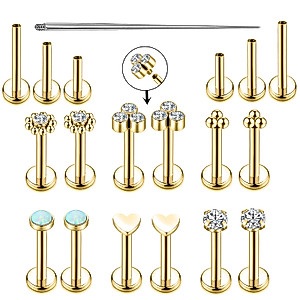Yjbglrygf 16G Monroe Lip Piercing Jewelry Labret Studs Tragus Hoop Earrings Internally Threaded Lip Stud Nose Piercing Stud Flat Back Opal Zircon Helix Earring Studs(16G*8mm, gold)