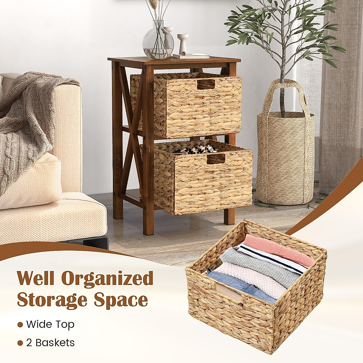 Giantex 2-Tier Nightstand with 2 Wicker Baskets, Wooden X-Design Side Table End Table, Beside Table with Acacia Wood Legs, Mid Century Accent Storage Cabinet for Small Spaces, Bedroom, Walnut
