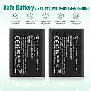 FirstPower Replacement LP-E10 Batteries Compatible with Canon EOS Rebel T3, T5, T6, T7, T100, Kiss X50, Kiss X70, 1100D, 1200D, 1300D, 2000D Cameras (2-Pack 1600mAh)