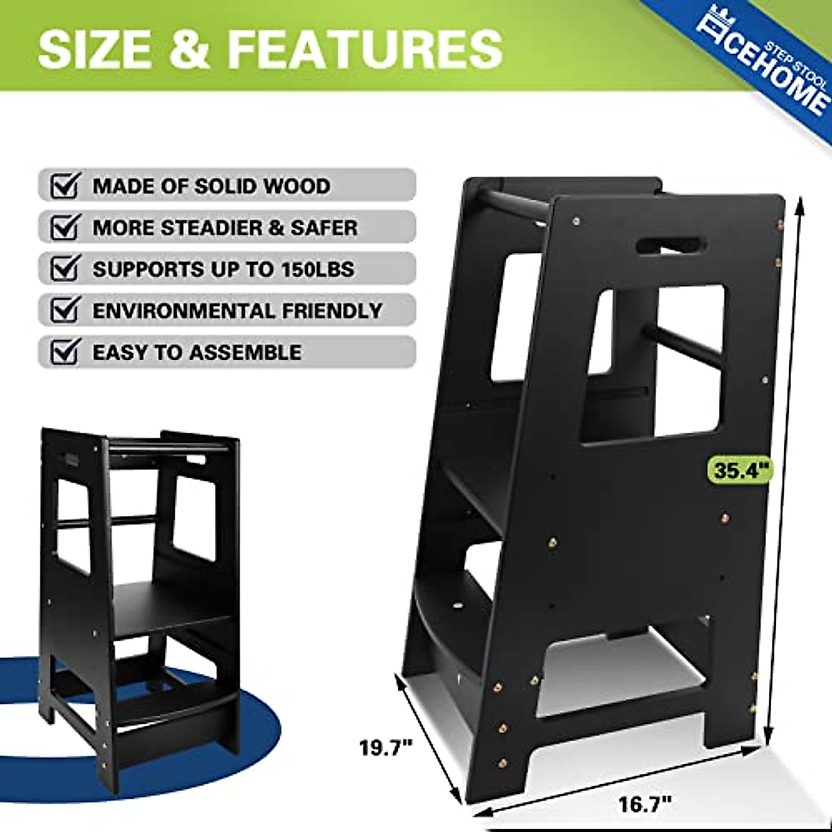 ACEHOME Toddler Kitchen Stool, Toddler Tower with Safety Rail, Toddler Stool for Kitchen Counter, Adjustable Height Little Helper Tower, Kitchen Stool for Toddlers 18 Months and Older, Black