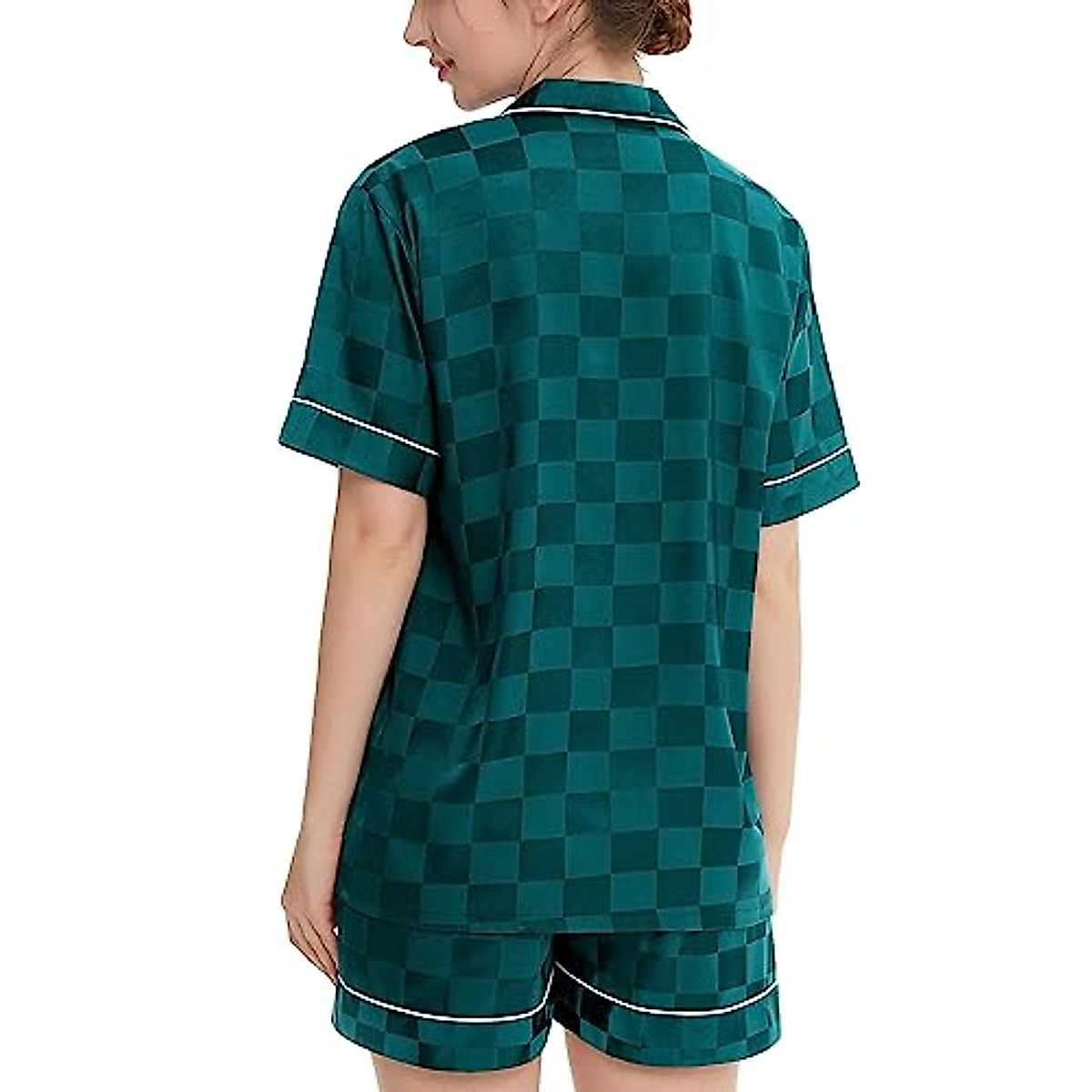 SWOMOG Women's Silk Satin Pajamas Set Short Sleeve Sleepwear Button Down Loungewear Checker Top and Shorts 2 Pcs Pjs