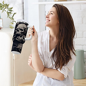 Nesatuwa 40 oz Gray Skull Tumbler with Handle and Straw Lid,Reusable Stainless Steel Vacuum Insulated Tumbler Leakproof Travel Coffee Mug for Iced and Hot Beverages