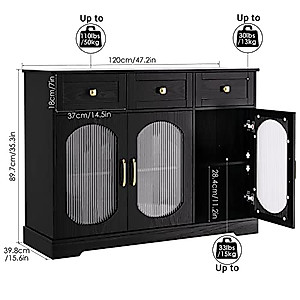 HIFIT Black Sideboard Buffet Cabinet with Storage 47.2"W Kitchen Storage Cabinet with 3 Glass Doors and 3 Drawers, Coffee Bar Cabinet for Kitchen, Dinning Room, Living Room, 47.2"W x 15.6"D x 35.3"H