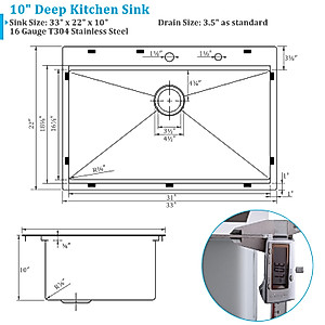 BoomHoze 33-inch Kitchen Sinks, 33x22 Drop In Kitchen Sink 304 Stainless Steel Sink Single Bowl Top Mount Workstation Kitchen Sink 16 Gauge Handmade Deep Kitchen Sink with Cutting Board