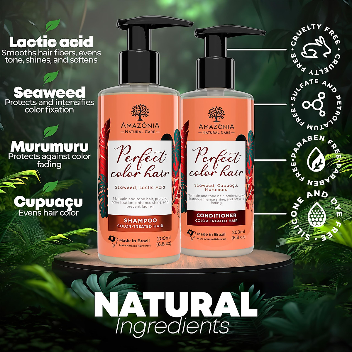 All Natural Color Shampoo and Conditioner for Color Treated Hair With Seaweed, Lactic Acid, Cupuacu & Murumuru to Prevent Fading & Intensify Vibrancy 6.8oz