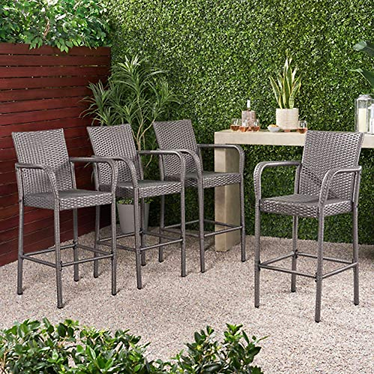 Christopher Knight Home Delfina Outdoor Wicker Barstools, 4-Pcs Set, Grey