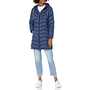 Tommy Hilfiger Women's Mid-Length Puffer Hooded Down Jacket with Drawstring Packing Bag, Navy, Medium
