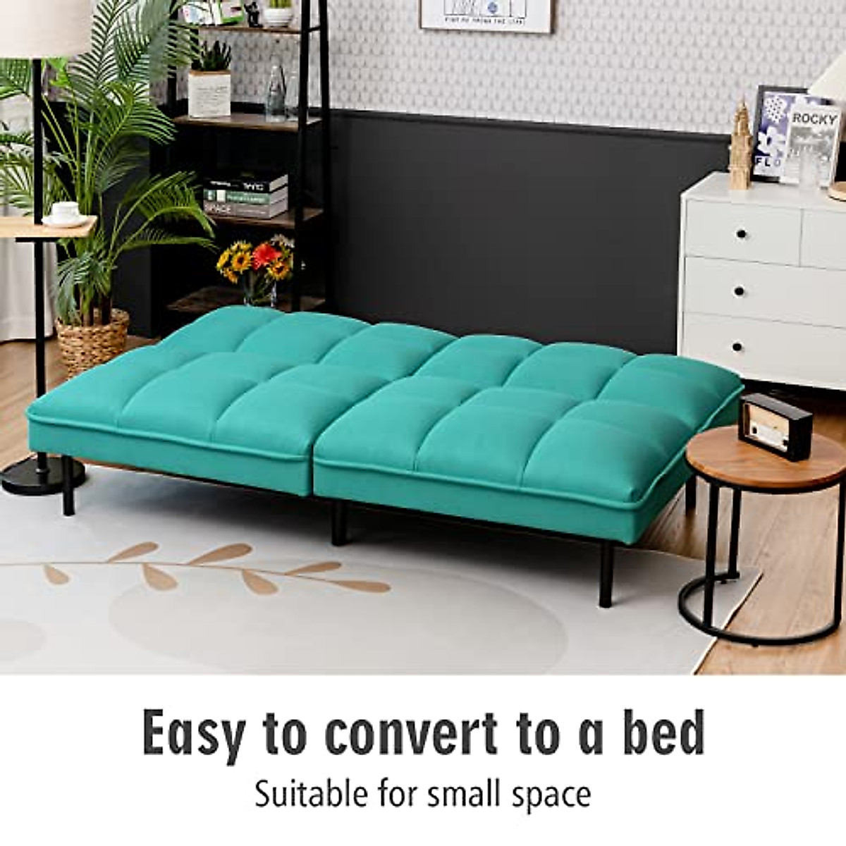 Giantex Sofa Bed, Convertible Sleeper Couch, Linen Fabric Futon, Recliner with 3 Level Adjustable Backrest, Metal Legs, 71”x35.5”x31”, Living Room Bedroom Reception Room (Turquoise)