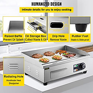 VEVOR Commercial Electric Griddle, 18" Teppanyaki Grill, 1600W Electric Flat Top Grill, Stainless Steel Electric Countertop Griddle w/Drip Hole, 50-300℃ Countertop Griddle for Pancake, Chicken