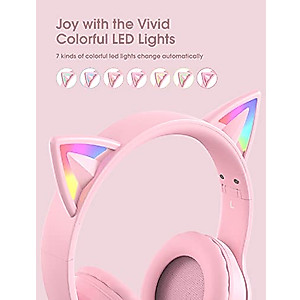 ONITOON Cat Ear Bluetooth Headphones with Micphone for Kids & Adults, LED Light Up Wireless HI-FI Sound Quality, Over-Ear Headphones with Volume Control for iPhone/iPad/Laptop/PC(55H Play Time)