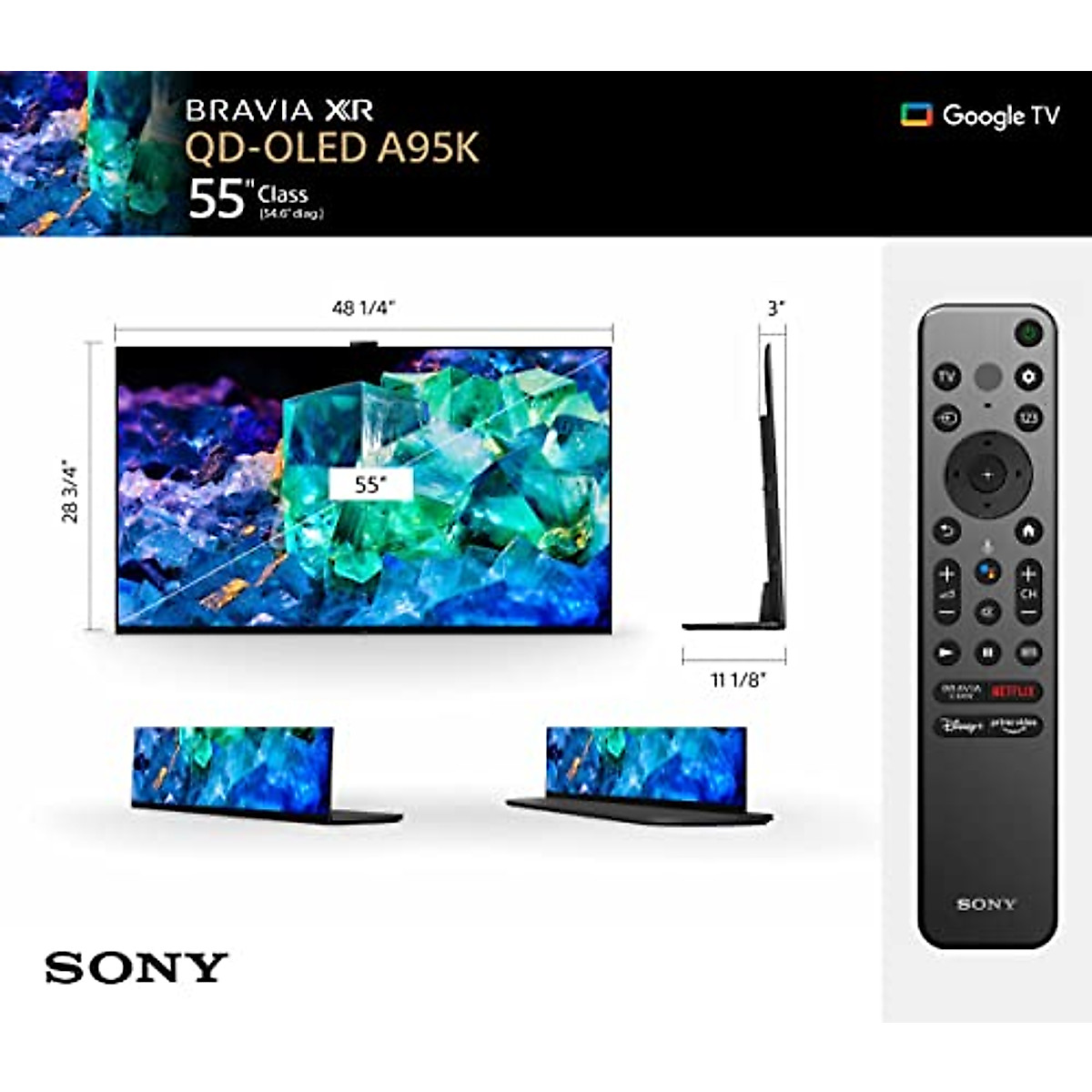 Sony 55 Inch 4K Ultra HD TV A95K Series: BRAVIA XR OLED Smart Google TV with Dolby Vision HDR,Bluetooth, Wi-Fi, USB, Ethernet, HDMI and Exclusive Features for The Playstation- 5 XR55A95K- 2022 Model