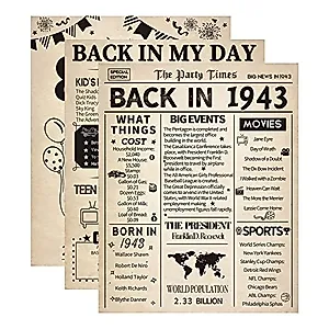 HOMANGA 80th Birthday Decorations for Men and Women, 3 Pieces Vintage 80th Birthday Anniversary Posters, Back in 1943 Party Decoration Supplies, 80th Gifts for Men and Women 8x10 Inch