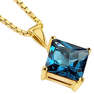 PEORA 14K Yellow Gold London Blue Topaz Pendant for Women, Genuine Gemstone Birthstone Classic Solitaire, 3 Carats Princess Cut 8mm