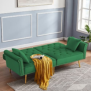 SZLIZCCC 76.7" Velvet Futon Sofa Bed, Copper Nail Decoration Accent Sofa, Convertible futon Couch, backrest can be Adjusted at Three Angles, Sleeper Sofa, Bed Size-Twin.(Green)