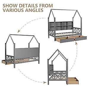 HUMEHA Twin House Bed with Roof and 2 Storage Drawers for Kids, Wooden Twin Size Bed Frame with Storage Shelves Guardrails and Wood Slats for Boys Girls, No Box Sping Required, Gray