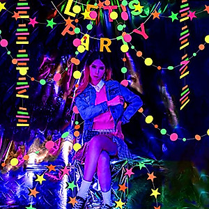 120Ft Neon Paper Garlands Circle Dots Stars Hanging Decorations Neon Party Supplies Glow in The Dark Party Supplies for Birthday Wedding Glow Party Decorations
