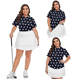 Women's Short Sleeve Golf Polo Shirts Moisture Wicking Golf Apparel Lady Golf Tops US Flag, Medium