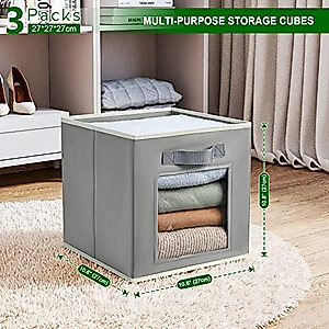 homsorout Cube Storage Bins, Fabric Baskets for Organizing, Closet Storage Cubes with Window, Cube Storage Organizer Bins with Front Handle for Clothes, Books, Sundries, 3 Packs, Grey