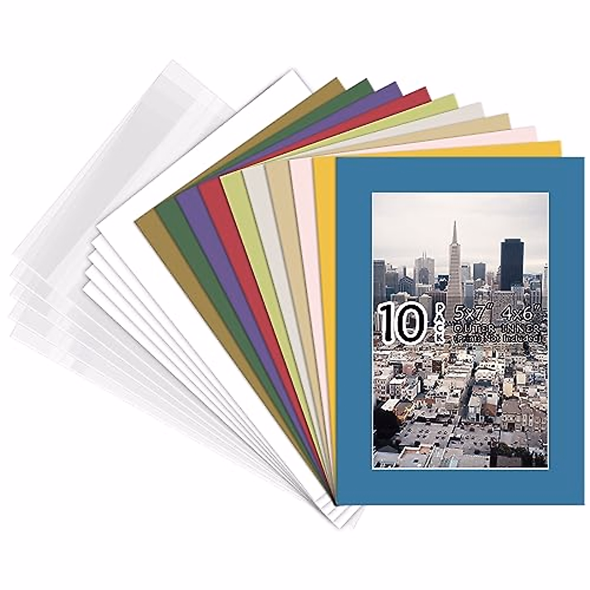 Golden State Art, Pack of 10 Mix Pre-Cut 5x7 Picture Mat for 4x6 Photo with White Core Bevel Cut Mattes Sets. Includes 10 High Premier Acid Free Bevel Cut Matts & 10 Backing Board & 10 Clear Bags