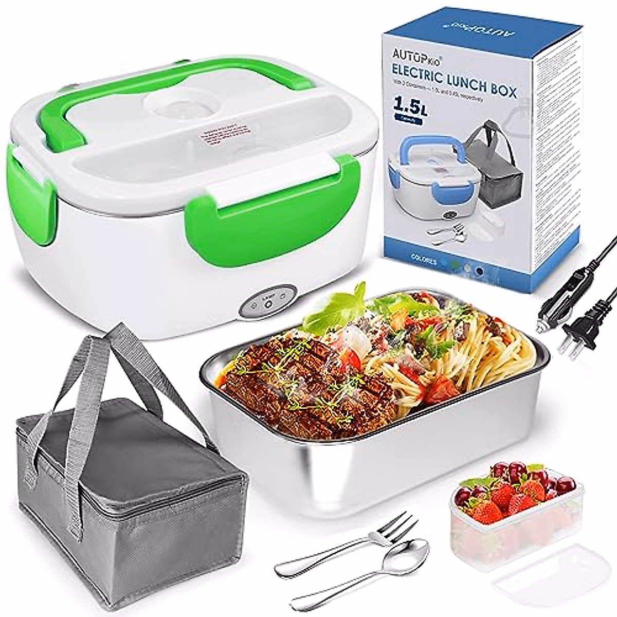 AUTOPkio Electric Lunch Box for Car and Home, 12V 24V 110V Lunchbox Food Heater with 1.5L Removable Stainless Steel Container for Work Office Truck Driver (Green)