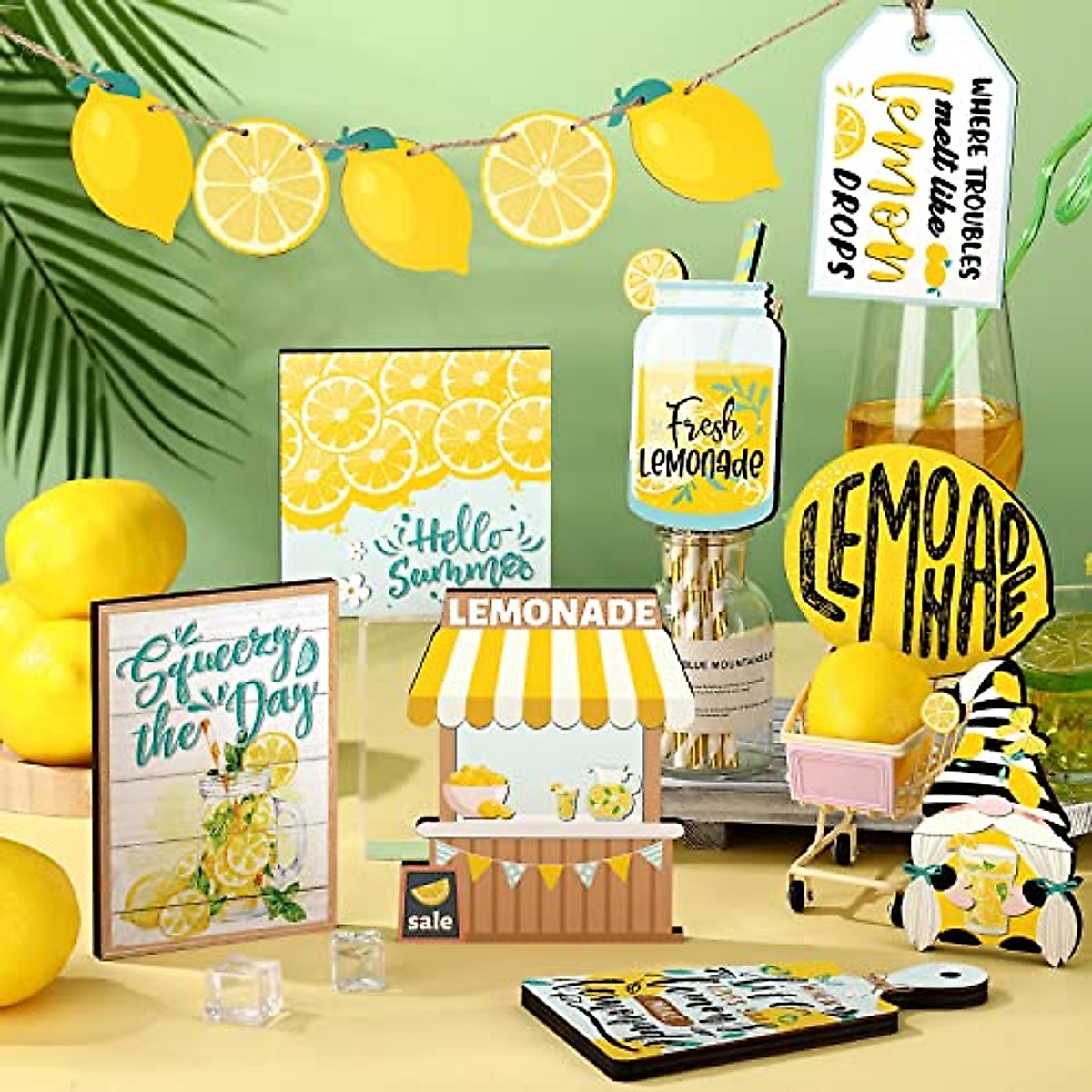 Qunclay 13 Pieces Fresh Lemon Tiered Tray Decor Wooden Lemonade Themed Home Decorations Farmhouse Summer Table Decor Rustic Wood Lemonade Sign for Kitchen Living Room Party Gifts