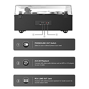 Record Player High Fidelity Turntable for Vinyl Records Built-in 4 Stereo Speakers All-in-One Vinyl Player Belt Drive Turn table with MM Cartridge ATN-3600L Stylus 33 45 Speed Bluetooth Classic Black