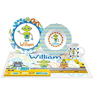 Personalized Robot Plate Set, Mealtime Set, Plate, Bowl, Placemat, Mug - Choose Your Pieces