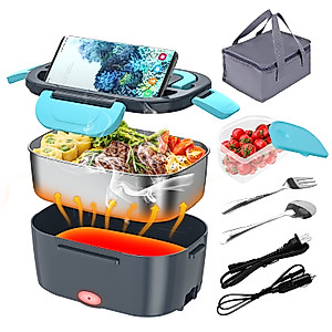 CHARMDOO Electric Lunch Box 60W Food Warmer Heater 12V 24V 110V Faster Heated Lunch Box for Car/Truck/Home Portable Heating Boxes with 1.5L 304 SS Container Fork & Spoon