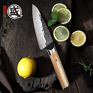 MITSUMOTO SAKARI 7 inch Japanese Santoku Chef Knife, High Carbon Steel Kitchen Cooking Knife, Professional Hand Forged Meat Cleaver Knife Kitchen Knife (Pakkawood Handle)