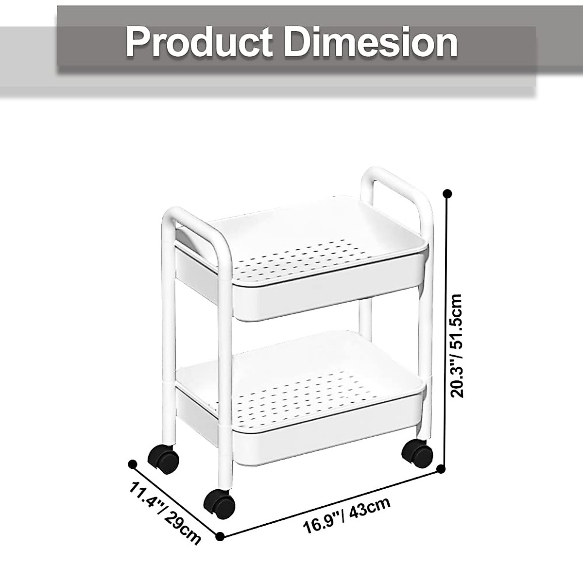 2-Tier Utility Rolling Cart Storage Organizer Sofa Side Table with Wheels, Under Desk Mobile Trolley Organizer with Handle for Office Home Kitchen Organization, White