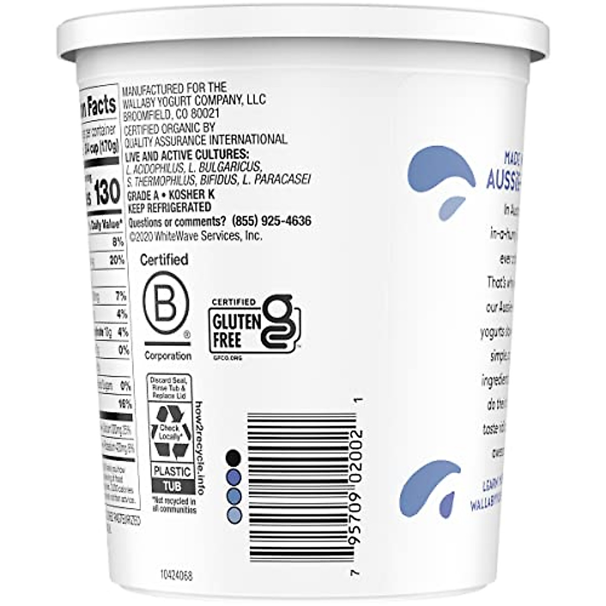 Wallaby Organic Aussie Smooth Whole Milk Regular Yogurt, Plain, USDA Organic, 32 oz.