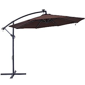 Sunnydaze 10-Foot Offset Cantilever Brown Solar Patio Umbrella with Outdoor LED Lights Crank and Cross Base and Set of 4 Black Heavy-Duty Cantilever Offset Patio Umbrella Base Plates Bundle