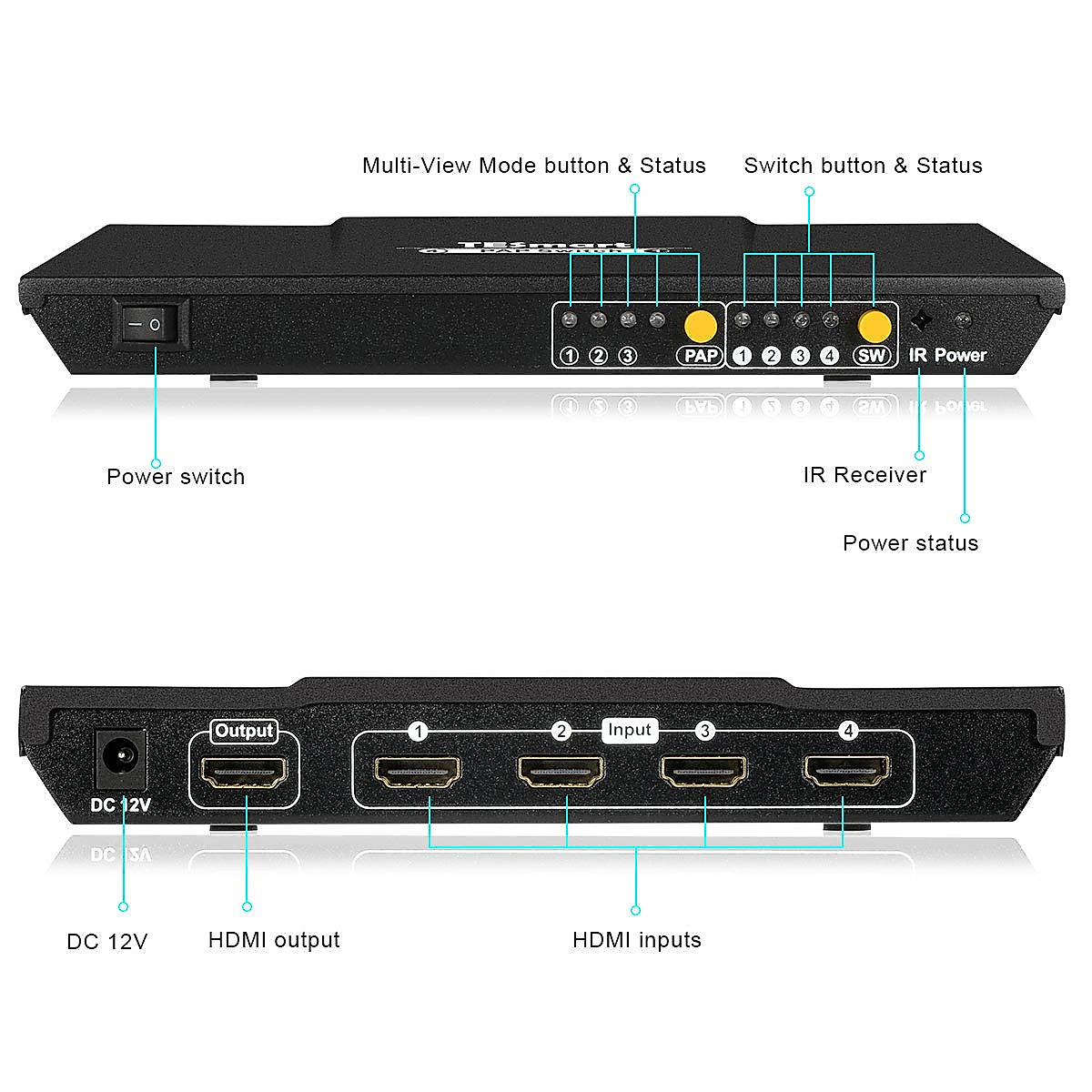 TESmart HDMI Switch 4X1 Quad Screen Multi-Viewer Splitter Seamless Switcher with 5 Display Modes IR Remote, Support 1080P@60Hz 4 in 1 Out(Black)