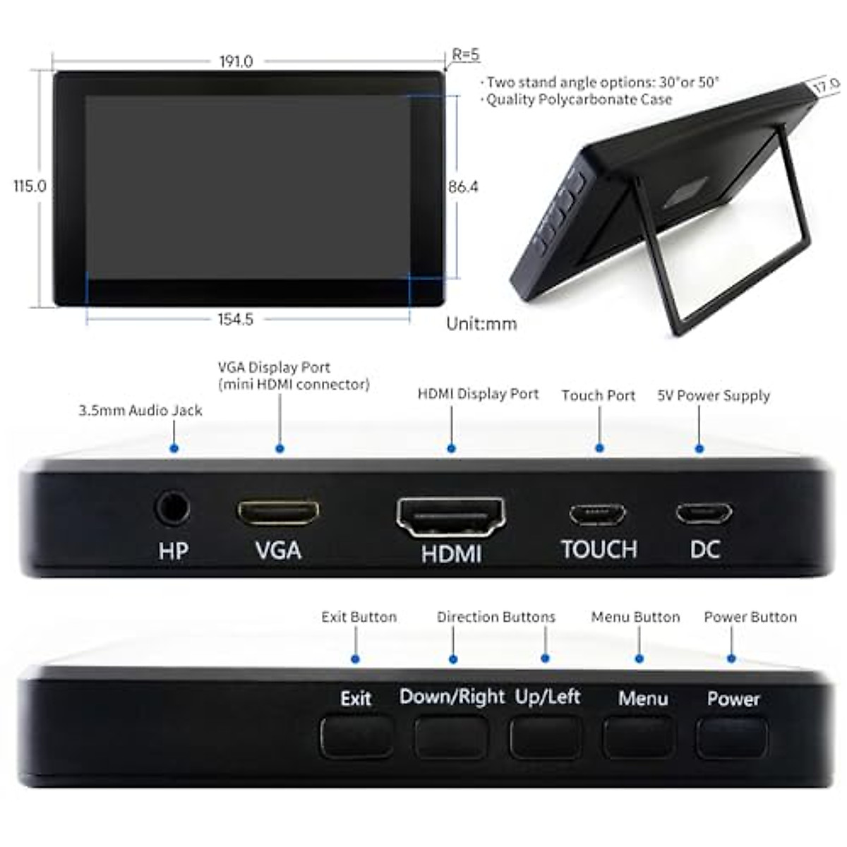 Waveshare 7inch Capacitive Touch Screen LCD (H) with Case, Compatible with Raspberry Pi 5/4B/3B/Zero/Zero W/Zero 2W/Pico/Pico W/Pico WH, 1024×600, HDMI, IPS