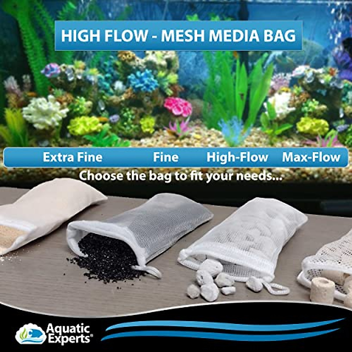 Aquatic Experts High Flow Mesh Filter Media Bags - Aquatic Bags for Filter Media (High Flow, 3" x 8" - 4 Pack)