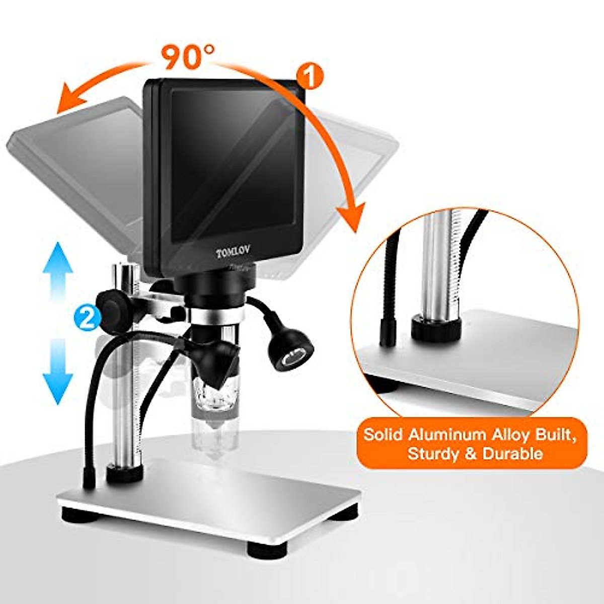 TOMLOV DM9 7" LCD Digital Microscope 1200X, 1080P Video Coin Microscope with Metal Stand, 12MP Ultra-Precise Focusing, LED Fill Lights, PC View, Windows/Mac OS Compatible, with SD Card, Model- DM9