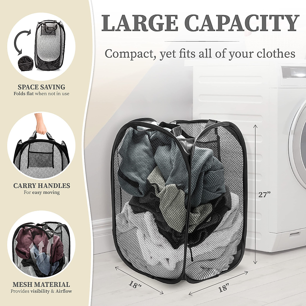 BROOKSTONE, 2 Pack, [EXTRA LARGE] Foldable Pop Up Laundry Hamper, Super Lightweight Mesh, Collapsible Space Saving Design, Portable with Carry Strap, Breathable Materials