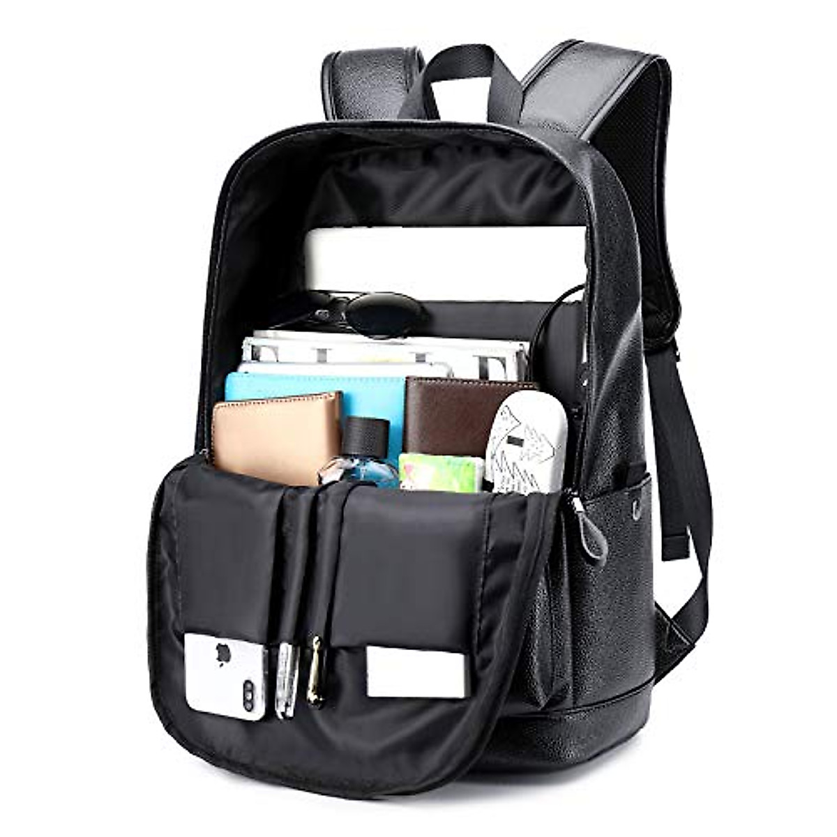 weiatas Black Leather Laptop Backpack for Men Women School College Bookbag for Student Computer Rucksack for Work Fits 15.6 Inch Laptop