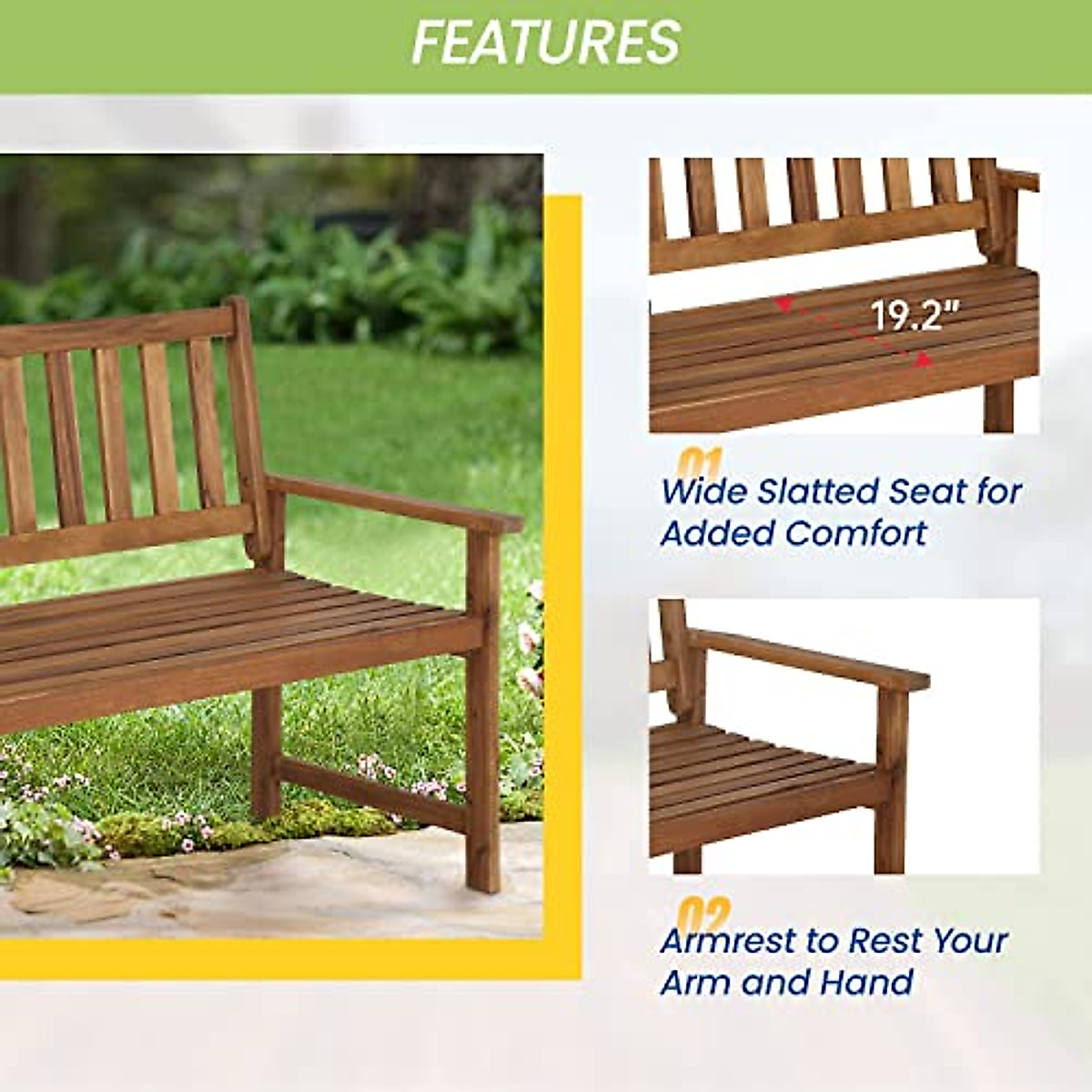 Yewuli Patio Bench Park Garden Bench Acacia Wood Outdoor Bench with Armrests, 350Lbs Weight Capacity Wooden Furniture Front Porch Chair Bench for Pool Beach Backyard Balcony Porch Deck
