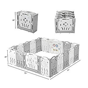 Albott Baby Playpen, Upgraded 18 Panels Foldable Baby Fence with Game Panel and Safety Gate, Adjustable Shape, Portable Baby Play Yards for Children Toddlers Indoors or Outdoors (Grey+White, 18 Panel)
