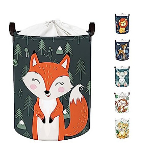 Clastyle 45L Smile Foxes Kids Laundry Baskets for Bedroom Collapsible Waterproof Tree Laundry Hamper with Drawstring for Toys, 14.2 * 17.7 in