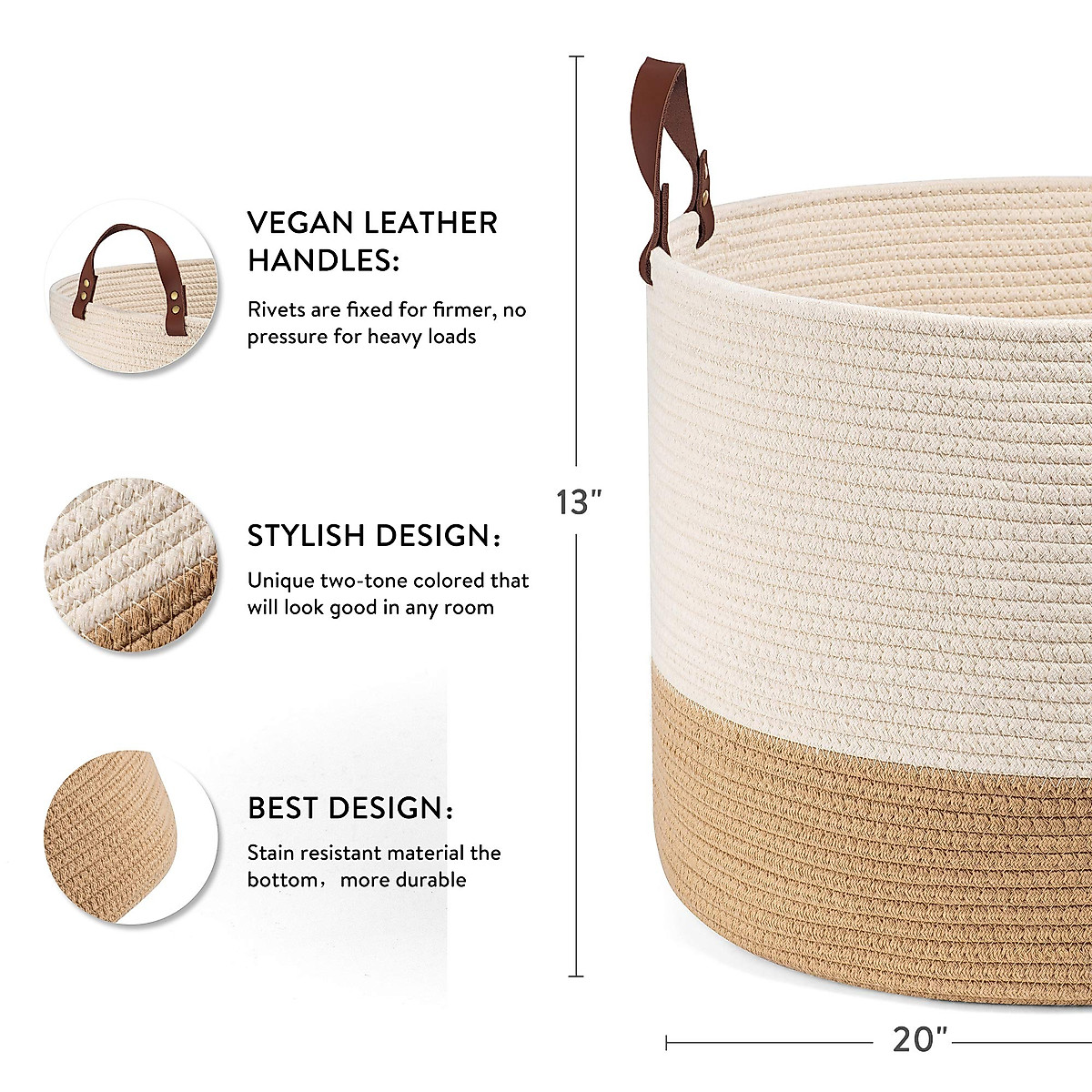 Extra Large Cotton Rope Basket KRUIO Collapsible Woven Laundry Basket with Handles for Laundry, Nursery, Toys, Towels, Blankets and Pillows Even More, Rope Storage Basket(20”x13”, Beige/Hemp Yellow)