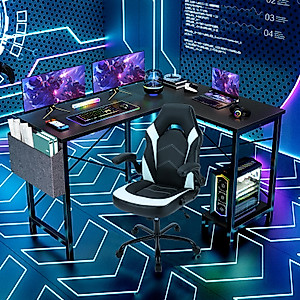 Sweetcrispy L Shaped Desk Gaming Computer 50 Inch Reversible Corner Table PC Work Table for Writing Study Student with Wood Tabletop Metal Frame CPU Stand Side Bag for Home Office Small Place, Black