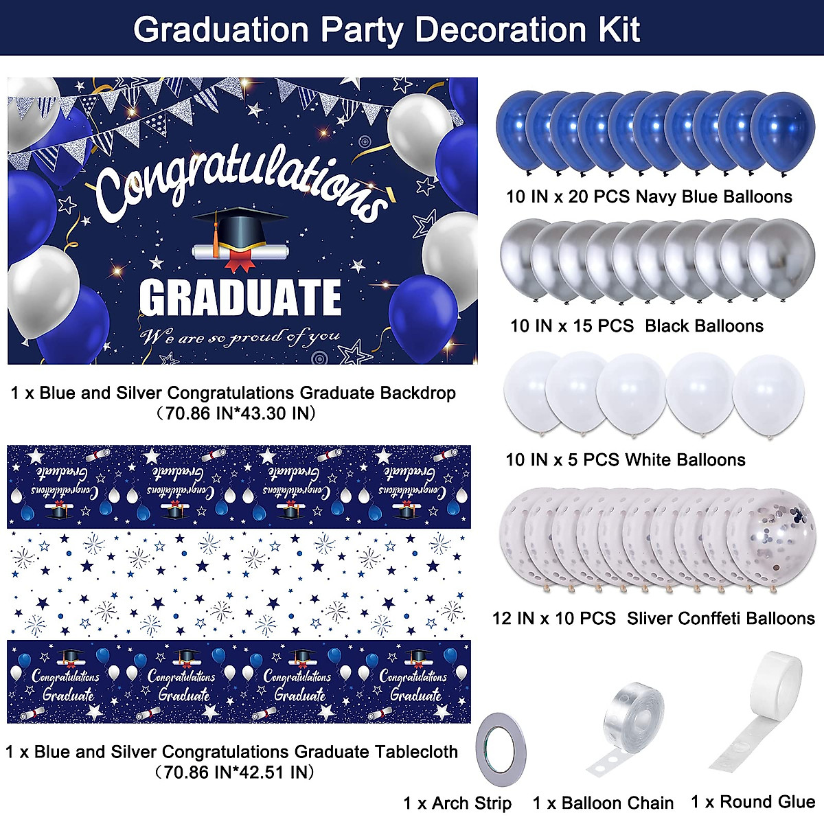 Graduation Decorations Class of 2024, Navy Blue Graduation Decorations, Graduation Party Decorations 2024 with Congratulations GRADUATE Backdrop Banner Balloons Tablecloths for Nurse College Preschool