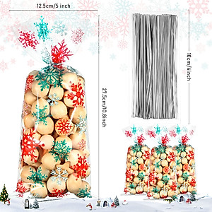 Snowflake Cello Treat Bags Christmas Xmas Party Cellophane Plastic Candy Goodie Bags with Twist Ties for Winter Holiday Wonderland Birthday Baby Shower Party Favors (Pink)