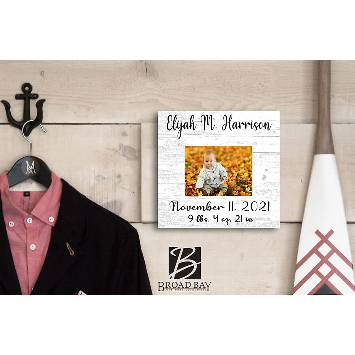 Broad Bay Newborn Baby Frame Alternative - Personalized New Birth Gift - Upload Picture or Photo - with Customized Birth Details- Solid Wood - 10.5in x 10.5in