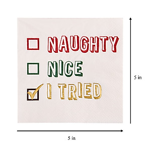 C.R. Gibson TW4-22630 Naughty or Nice Disposable Paper Cocktail Napkins for Christmas Parties, White, 5" x 5", 20pcs