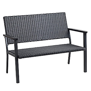C-Hopetree Outdoor Loveseat Bench Chair for Outside Patio Porch, Metal Frame, Black All Weather Wicker